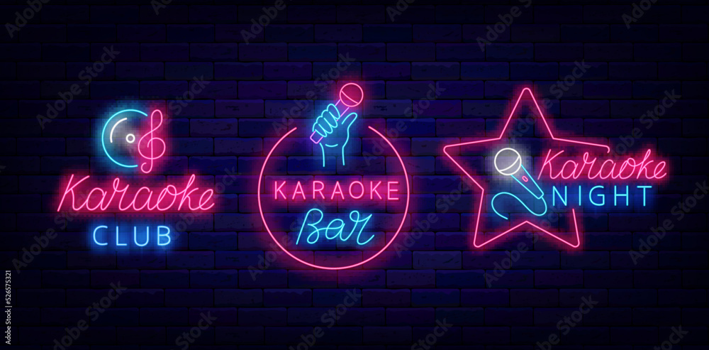 Karaoke neon labels collection. Glowing signboards set. Karaoke bar ...