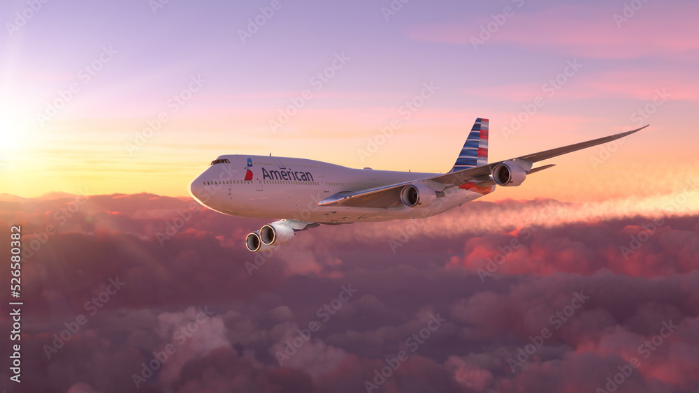 Boeing 747 American Airlines flying over the amazing sunset, 28 Aug ...