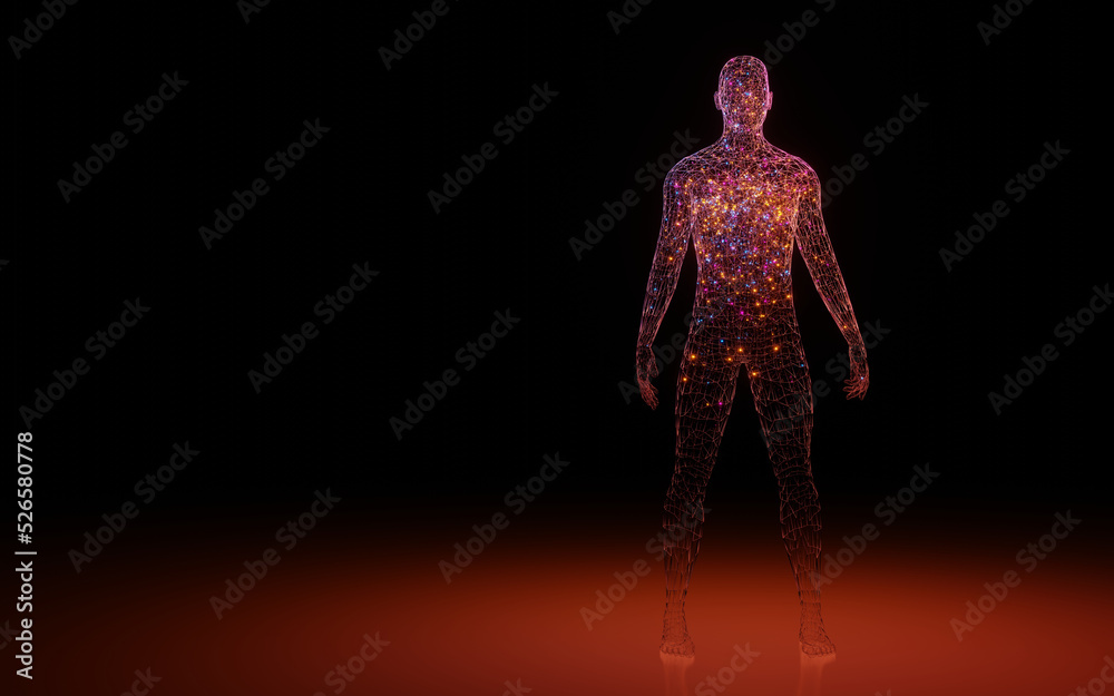 Wireframe male human body with particles inside with copy space. 3d ...