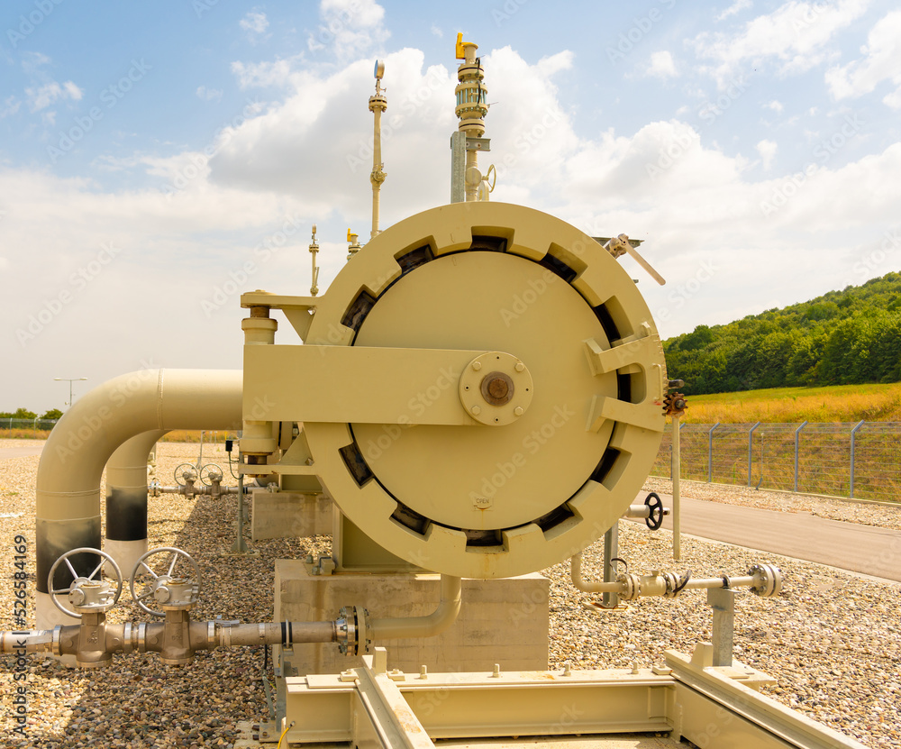 Gas pipeline piston launch chamber, frontal view of the locking ...