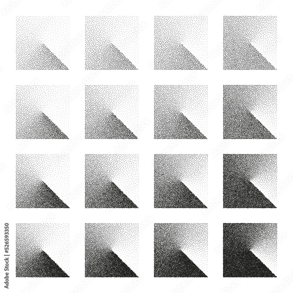Square shaped dotted objects, stipple elements. Stippling, dotwork ...