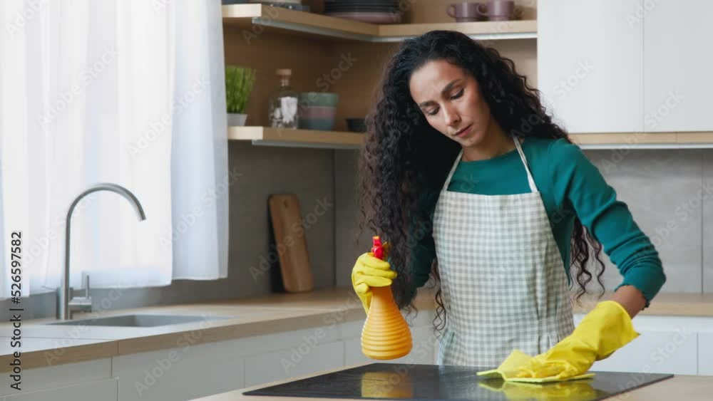 Female house cleaner pretty young mother housewife maid wears apron ...