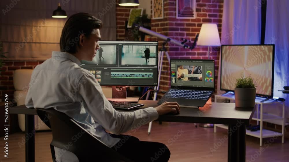 Male videographer editing footage with visual effects software ...