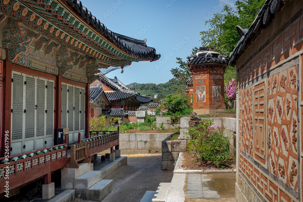 Colorful Korean painted wood building complex architecture at the ...