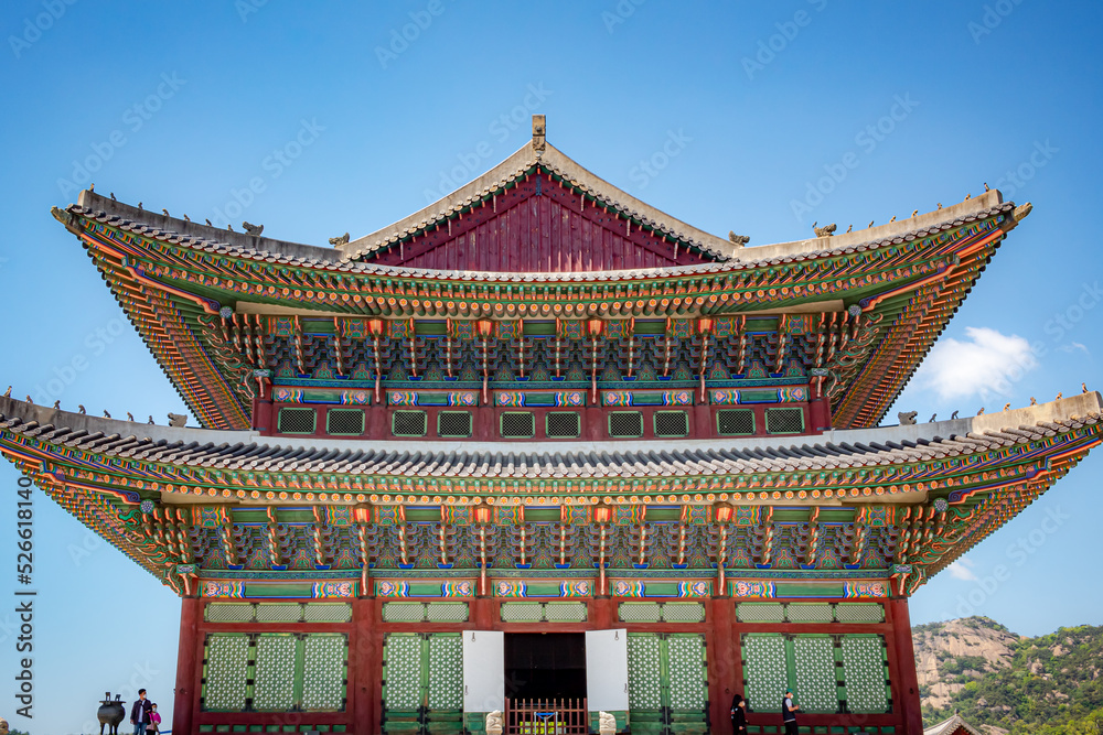Colorful traditional wood Korean architecture temple kings throne room ...