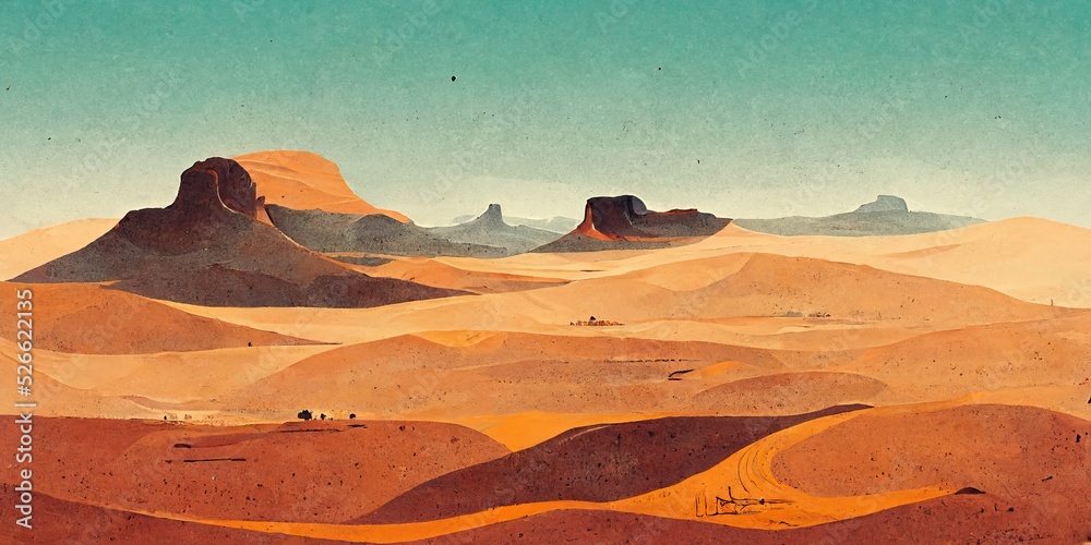 Sandy desert landscape cartoon illustration with sand dunes, hills and ...