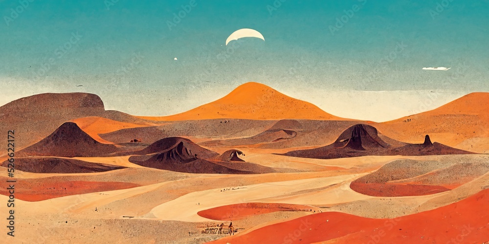 Sandy desert landscape cartoon illustration with sand dunes, hills and ...