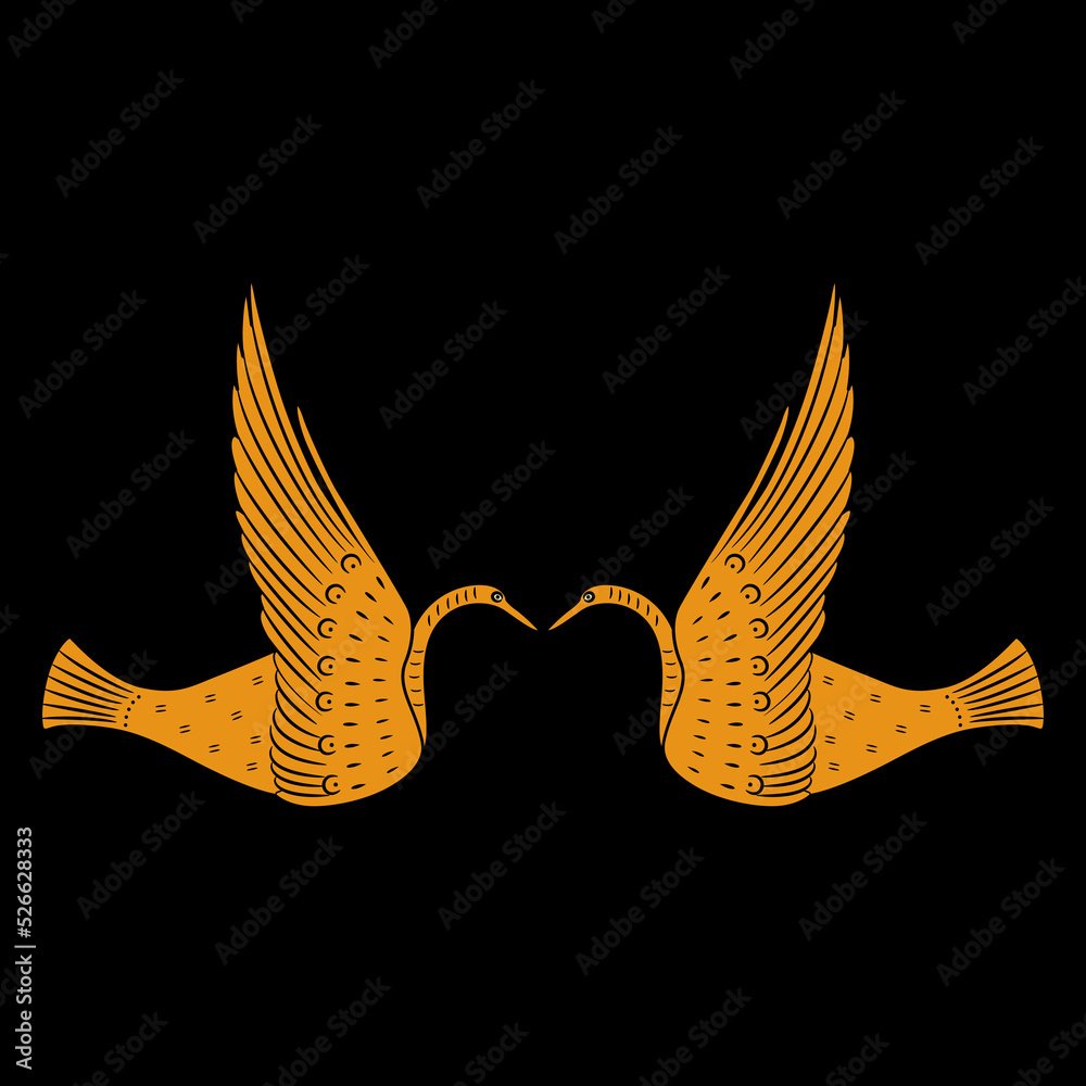 Symmetrical animal design with two flying birds. Swan or dove. Ancient ...