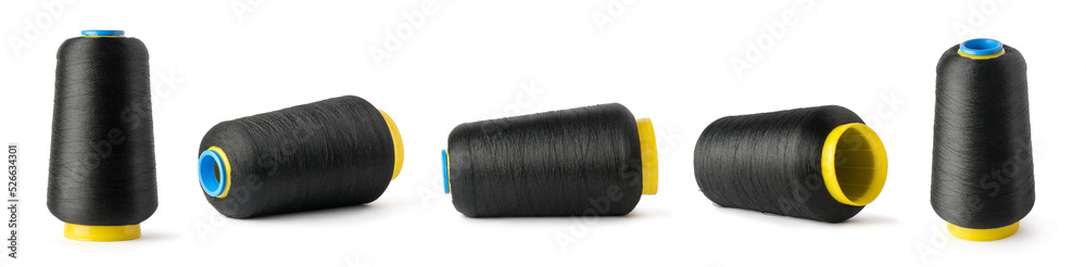 spool of black color sewing thread used in fabric and textile industry ...