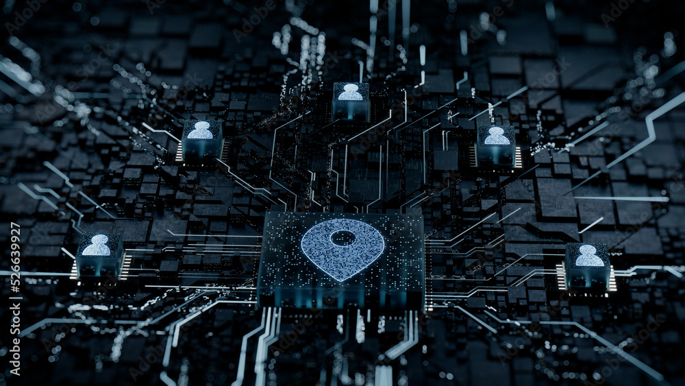 Location Technology Concept with map pin symbol on a Microchip. White ...