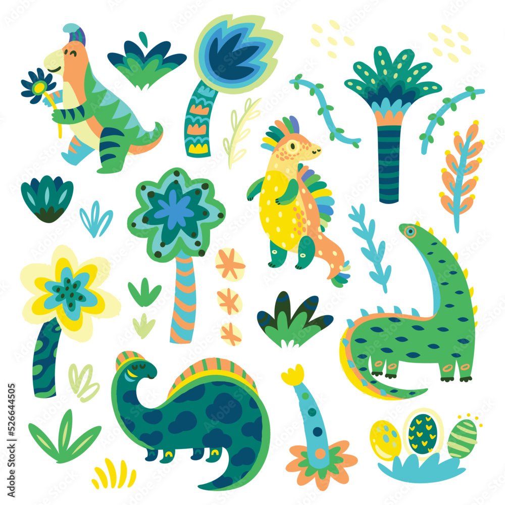 Collection of lovely cartoon dinosaurs, leaves and trees. Vector ...