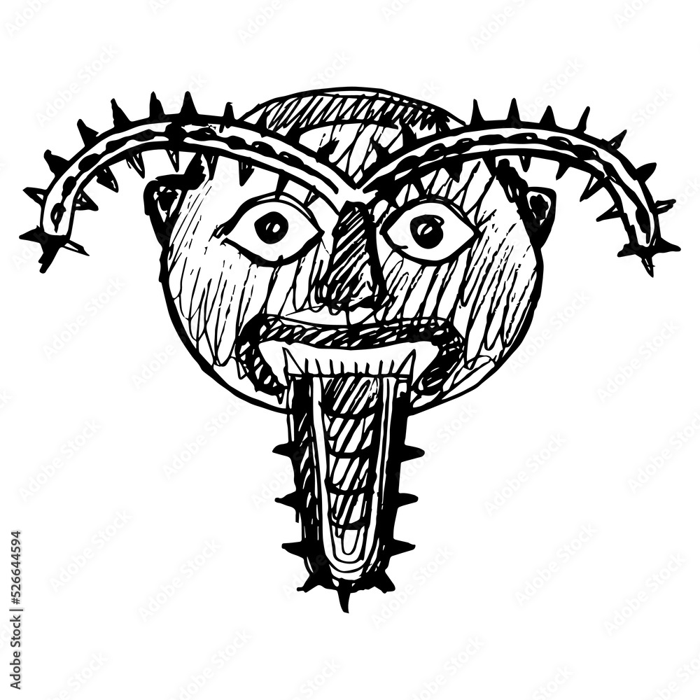 Human face with spiky cactus eyebrows and protruded tongue. Tribal mask ...