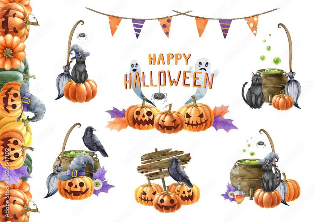 Halloween decor element watercolor illustration set. Hand drawn ...