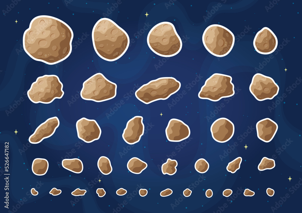 Flat space meteorite stickers vector graphic set. Collection of patches ...