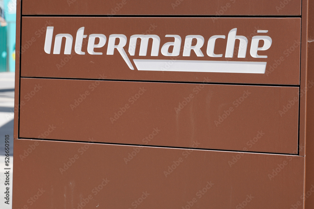 Intermarche store sign logo and brand text on supermaket french ...