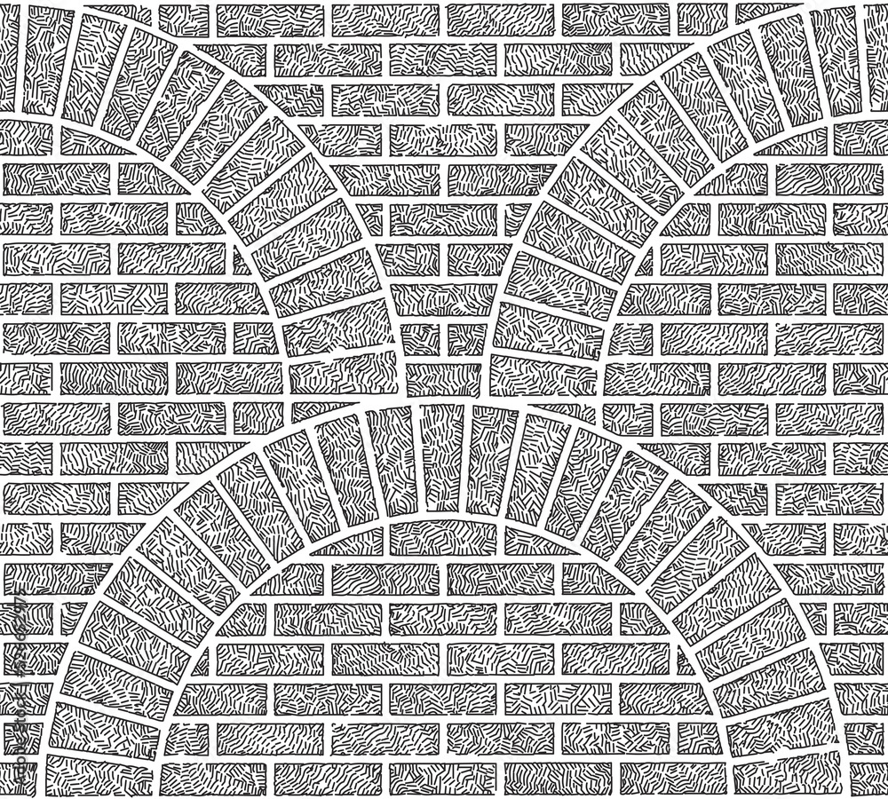 Brick wall texture with circular arches. Black and white vector seamless pattern from light grey ...