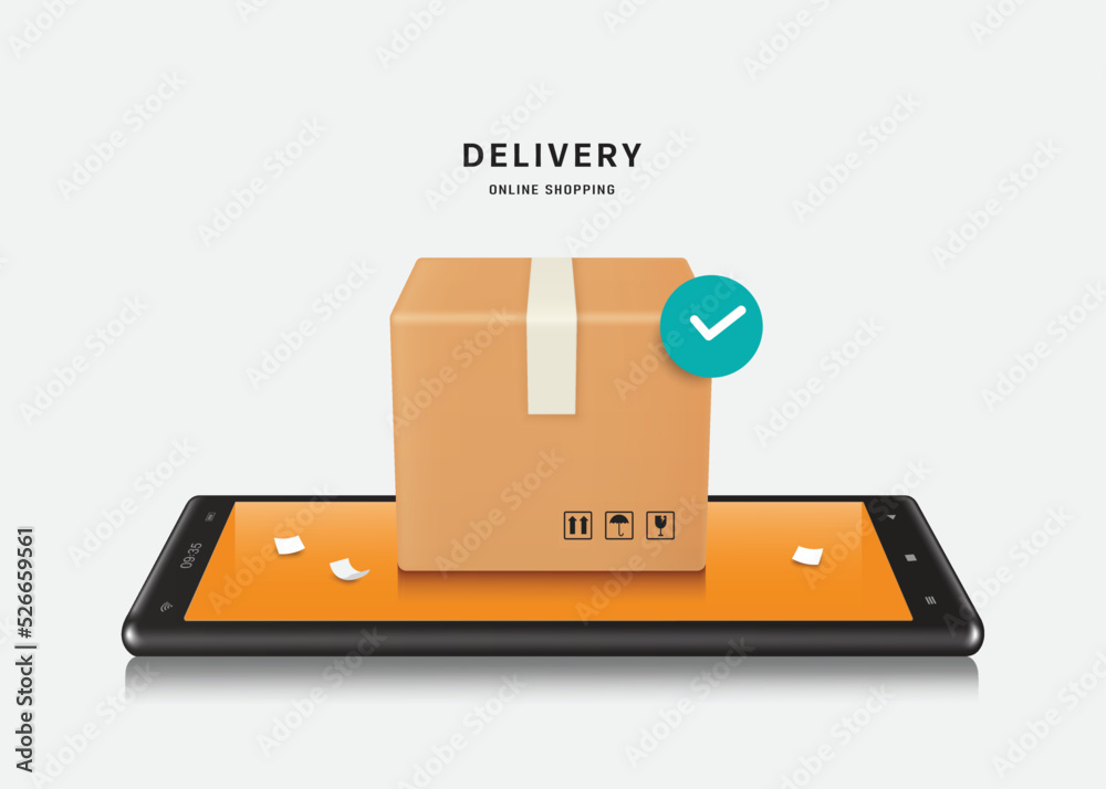 Brown parcel box and order confirmation icon pop-up on the smartphone ...