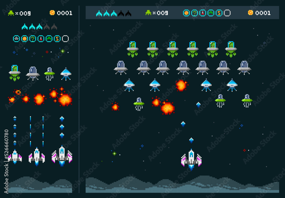Pixel Art 8 bit arcade video game creator set with font alphabet, ufo ...