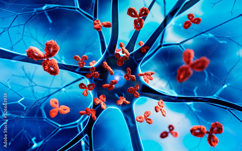 Nerve cell with blue background attacked by red antibodies - 3D ...