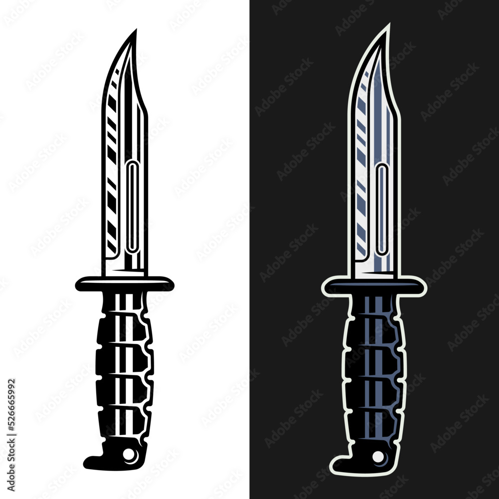 Combat knife set of vector objects in two styles monochrome on white ...