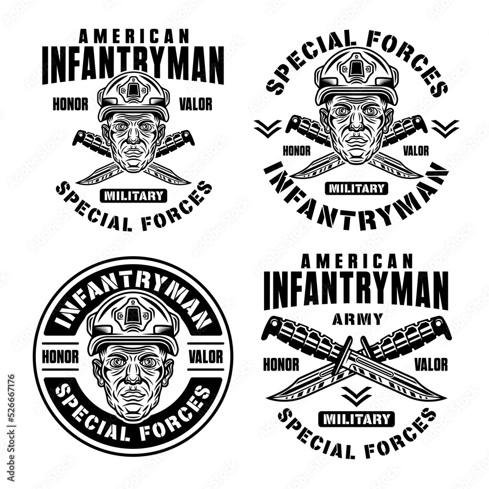 American infantryman set of vector vintage military emblems, labels ...