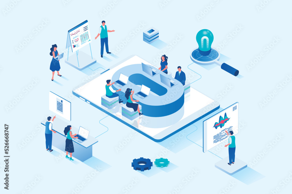 Business meeting 3d isometric web design. People present report ... Business meeting 3d isometric web design. People present report ...