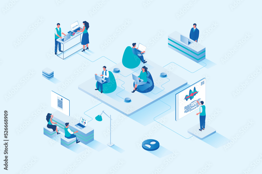 Coworking 3d isometric web design. People work on laptops in open ...