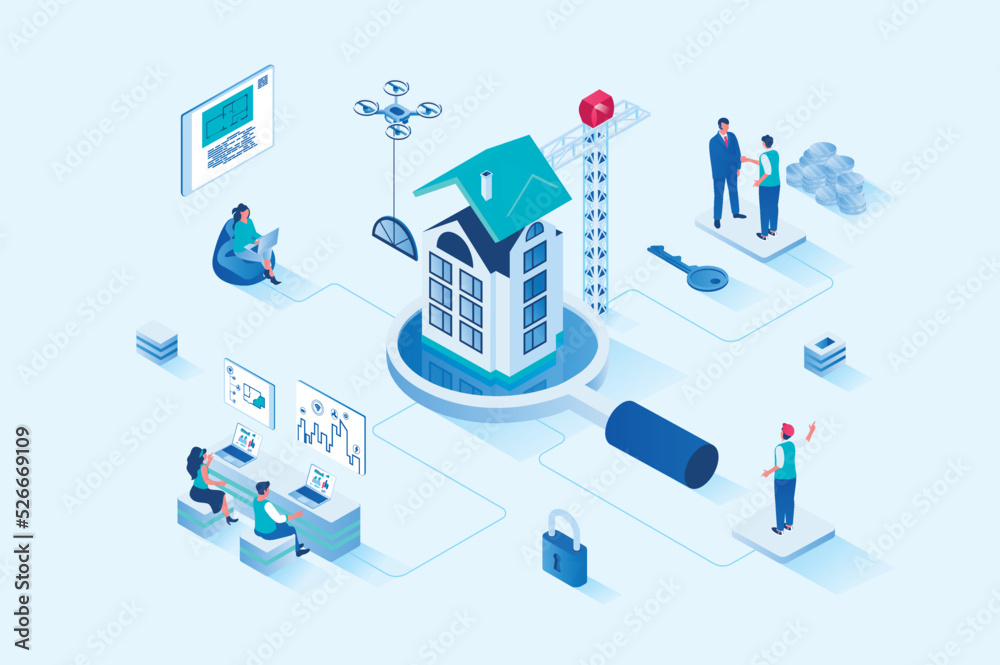 Real estate 3d isometric web design. People work in real estate ...