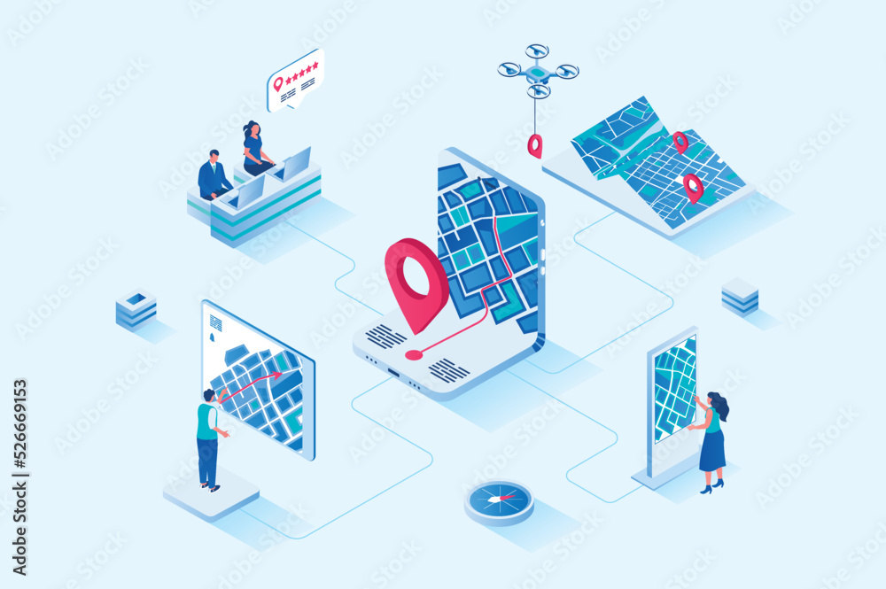 GPS navigation 3d isometric web design. People use mobile application ...