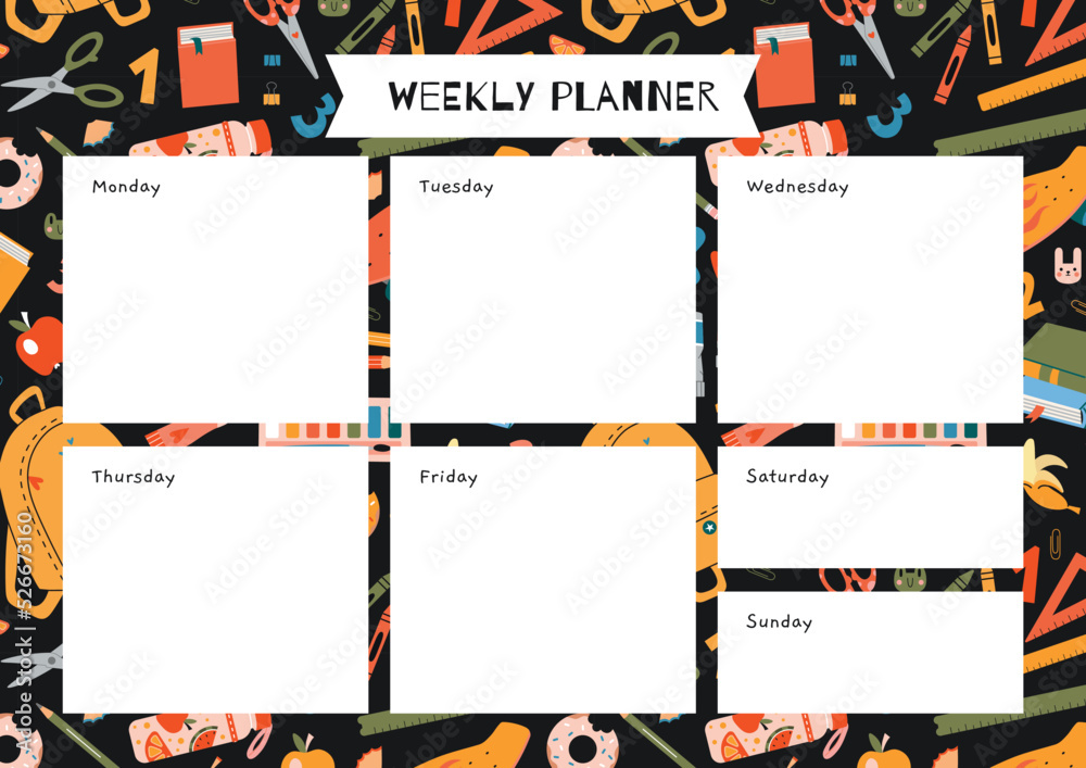 Cute weekly planner with school stationery and art supplies, cartoon ...