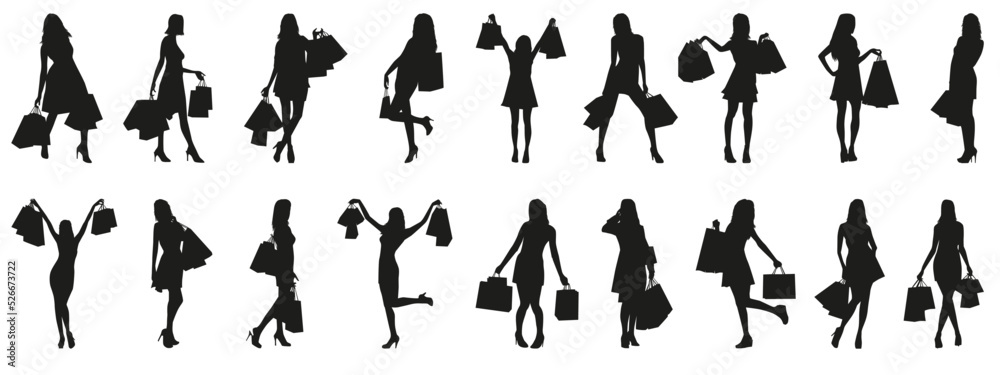 Shopping Girl icon set,flat vector illustration.happy shopping girl ...