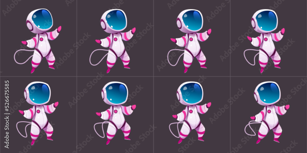 Animation sprite sheet of walking cute astronaut. Vector cartoon set of ...