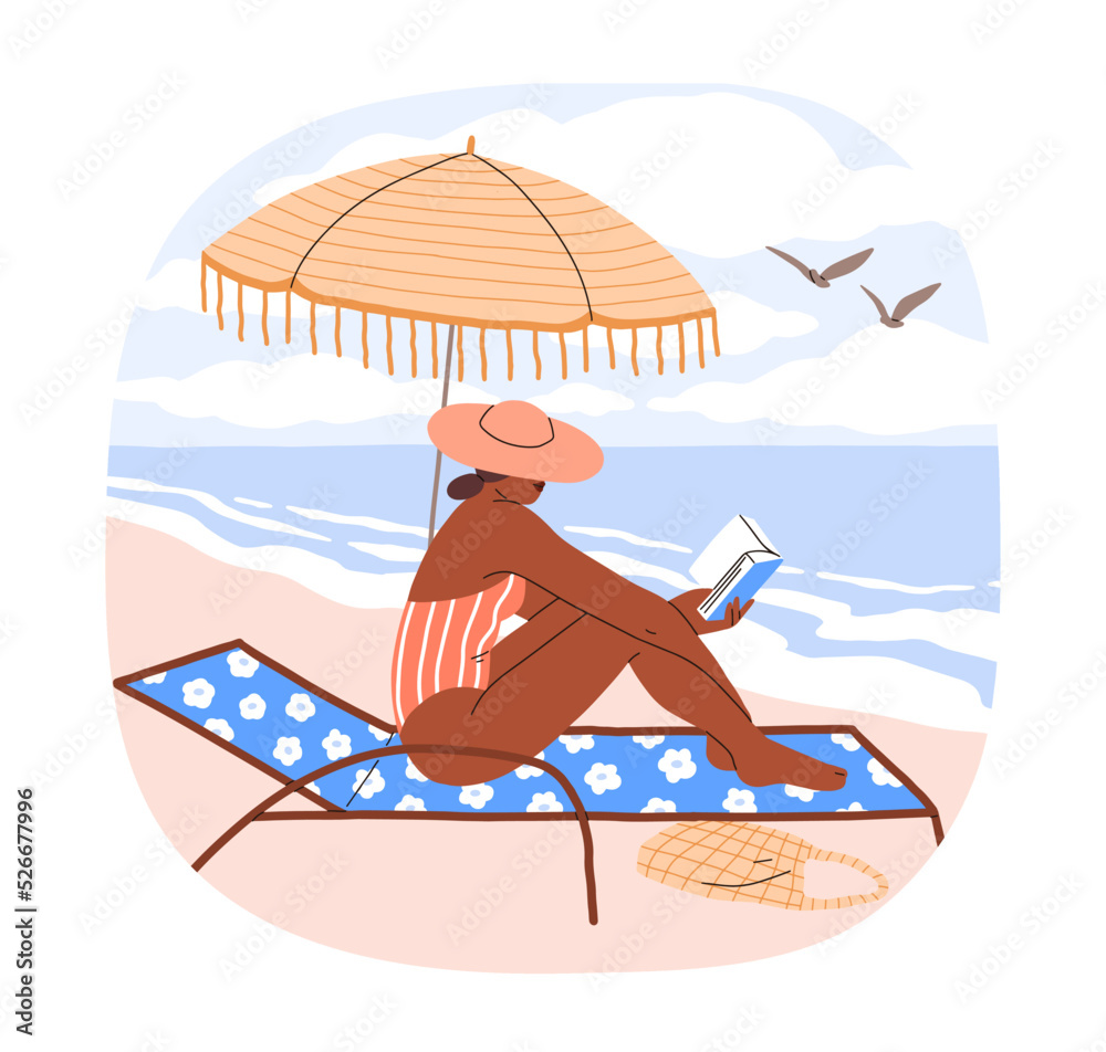 Black woman reading book on chaise longue on summer beach, seacoast ...