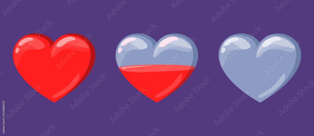 Heart icons vector isolated. Game art, set of life symbols. Full, half ...