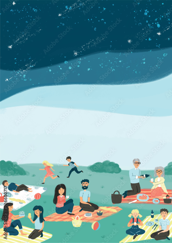 Adults and kids spending time in night party or picnic. Poster and ...