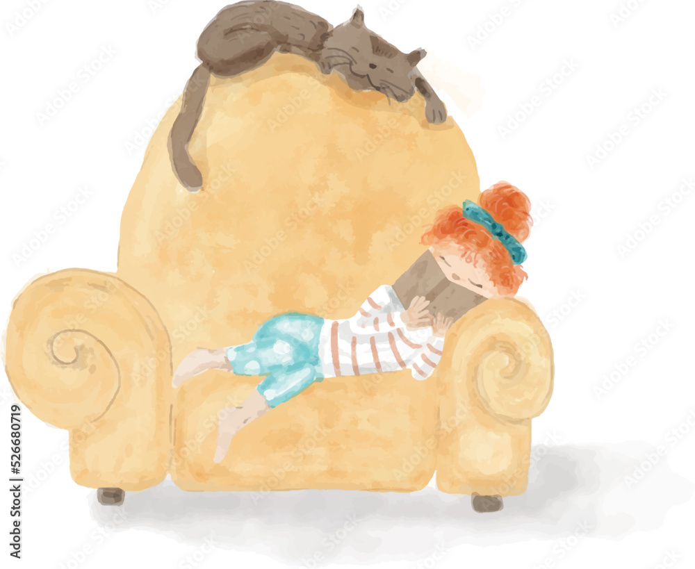Girl child reading a book on the sofa with her cute cat - Hand painted ...