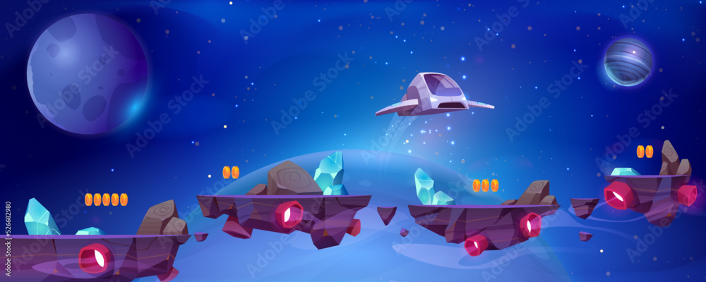 Space game background with spaceship and floating islands in cosmos ...