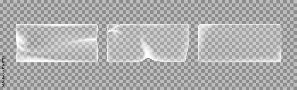 Transparent sticker. Plastic adhesive tape. Mockup of glued crumpled ...