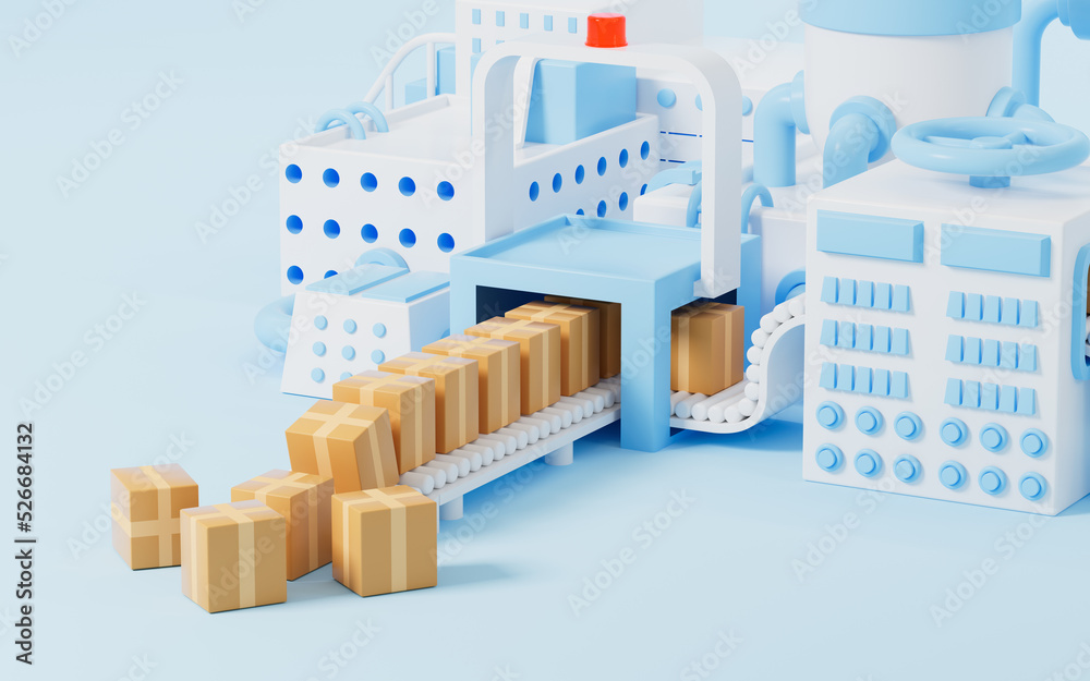 Cardboard boxes on the conveyor and blue assembly line background, 3d ...