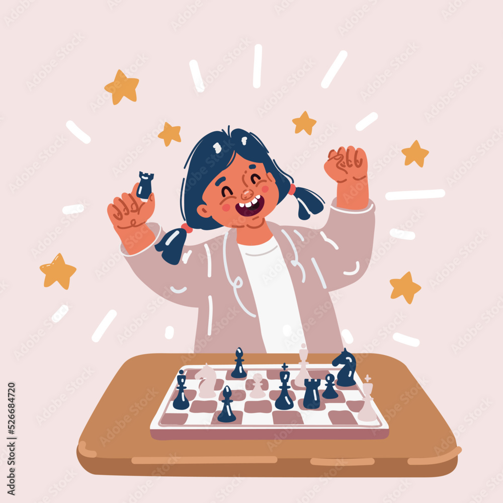 Vector illustration of funny cartoon smiling girl playing chess Stock ...