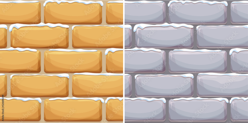 Brick wall with snow, stone bricks, rock surface in cartoon style ...