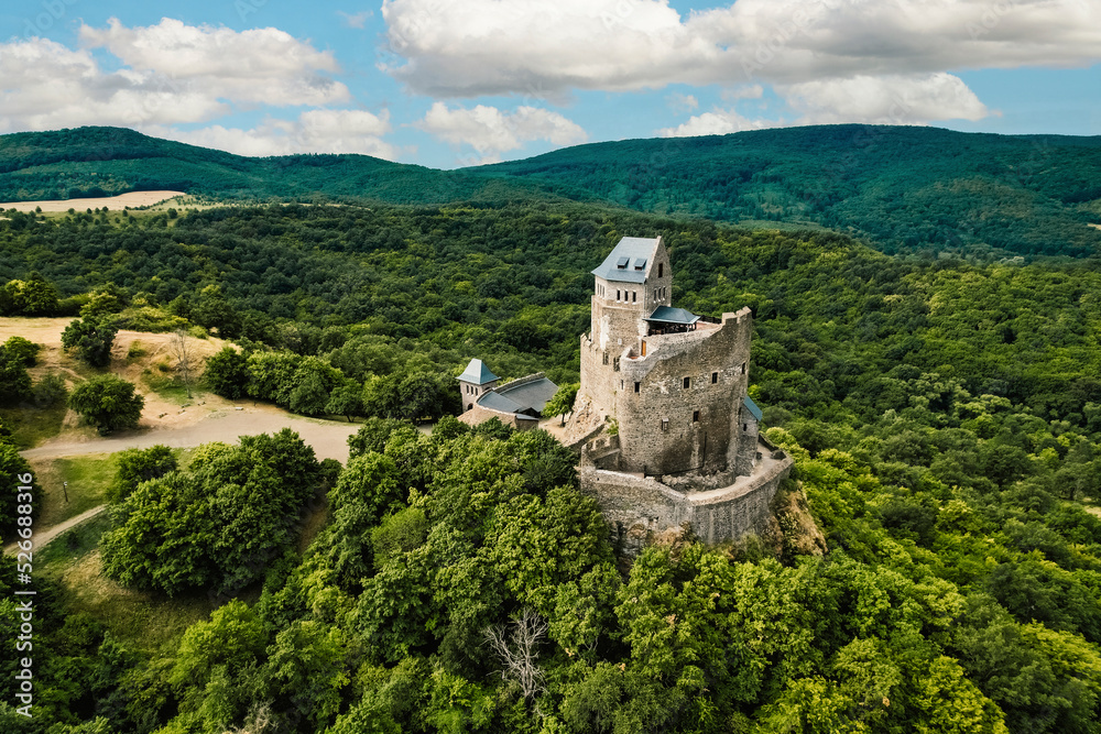 Aerial view of medieval ruined Holloko castle, UNESCO world heritage ...