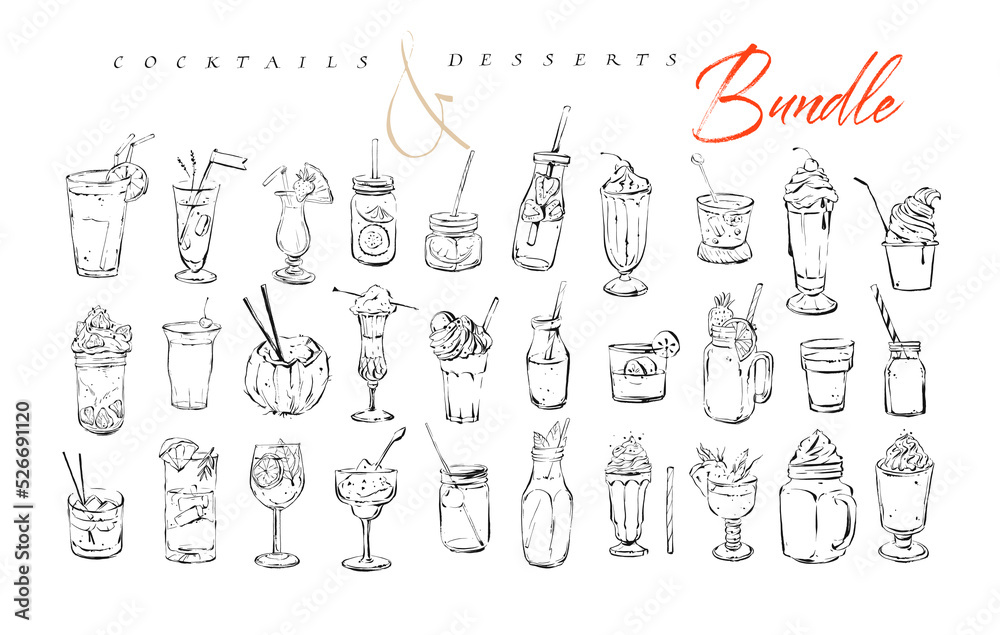 Hand drawn vector graphic textured artistic bar menu ink collection set ...
