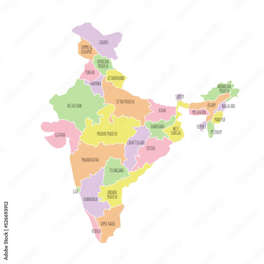 India political map with region names. Low detailed. Solid simple style ...