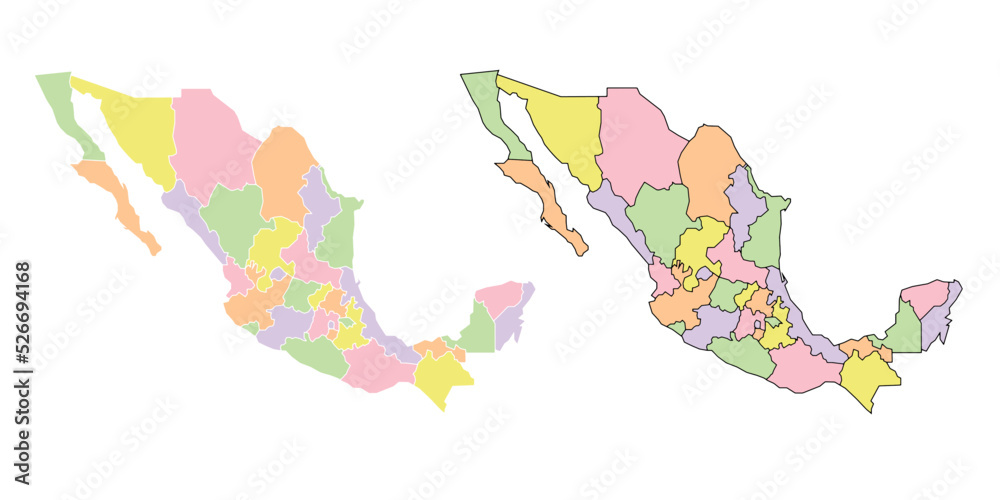 Mexico political map. Low detailed. Cartoon style. Pastel colours ...