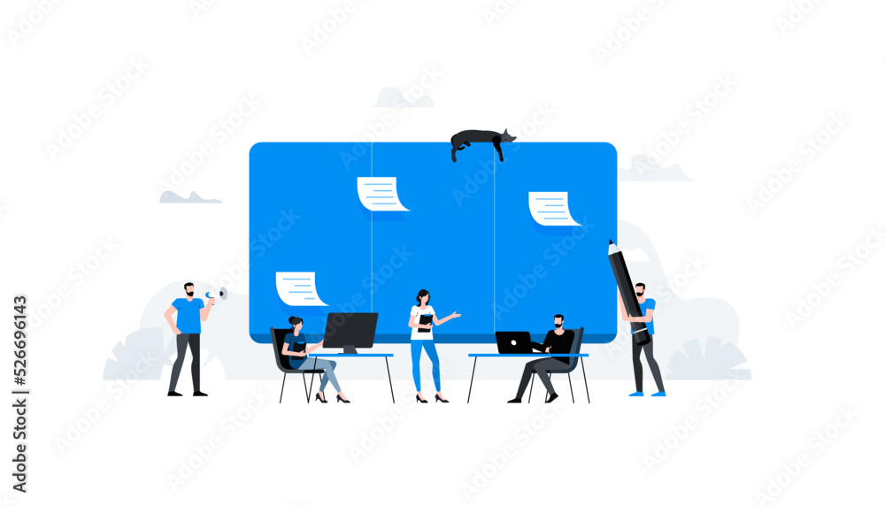Business presentation. Schedule on desk and group of people. Flat ...