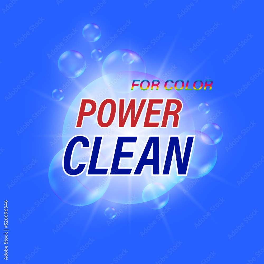 Red and blue text on a background of transparent realistic bubbles ...