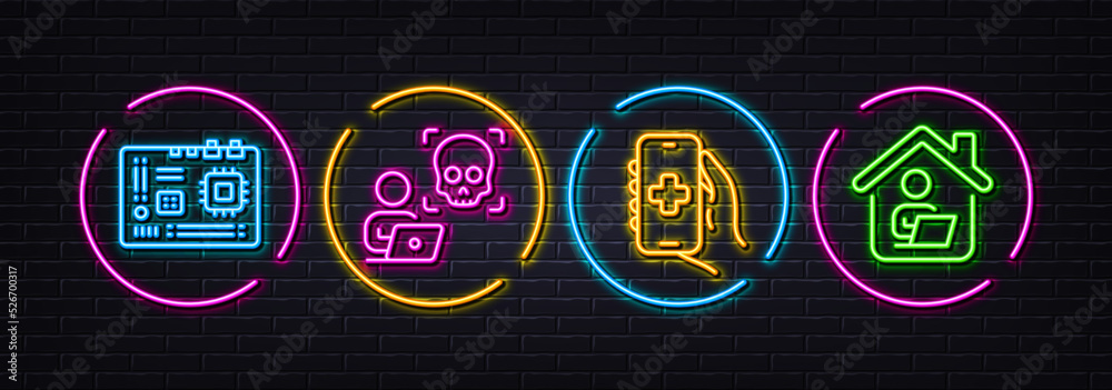 Cyber attack, Health app and Motherboard minimal line icons. Neon laser ...