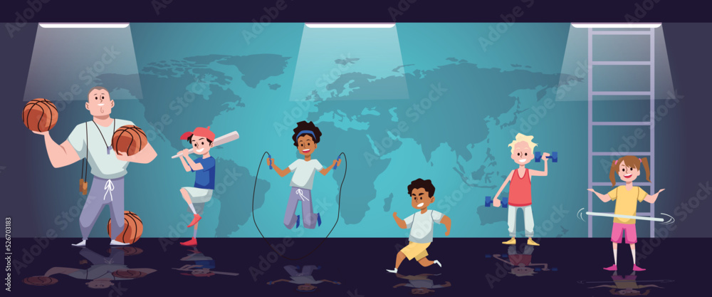 School gym with children at physical education lesson, flat vector ...