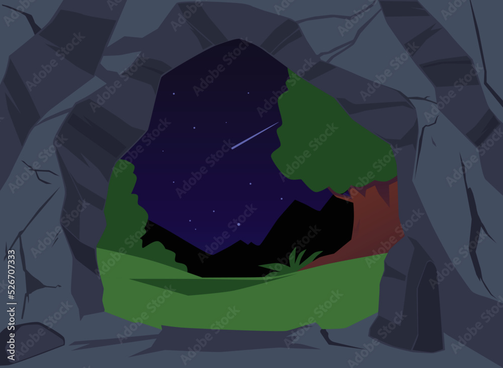 Inside of stone cave, night forest landscape with shooting star in the ...
